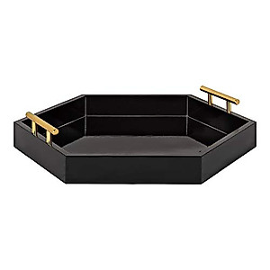 Kate and Laurel Lipton Modern Hexagon Decorative Tray, 18" x 18", Black with Gold Metal Handles
