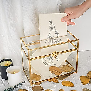 REDHUGO 10x5.5x7.7 inches Gold Glass Card Box Handmade with Slot, Wedding Card Boxes for Reception, Graduation, Gift Cards, Party, Brass Geometric Terrarium, Golden Decorative Box, Medium