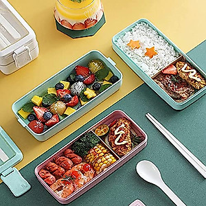 Sudreman Stackable Bento Box Japanese Lunch Box Kit with Spoon & Fork, 3-In-1 Compartment - Wheat Straw Meal Prep Containers -1000ml