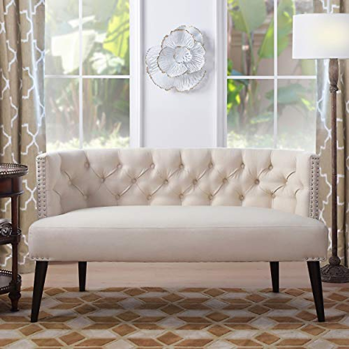 Jennifer Taylor Home Celine Tufted Settee Nailhead Accents, Sky Neutral Beige Polyester