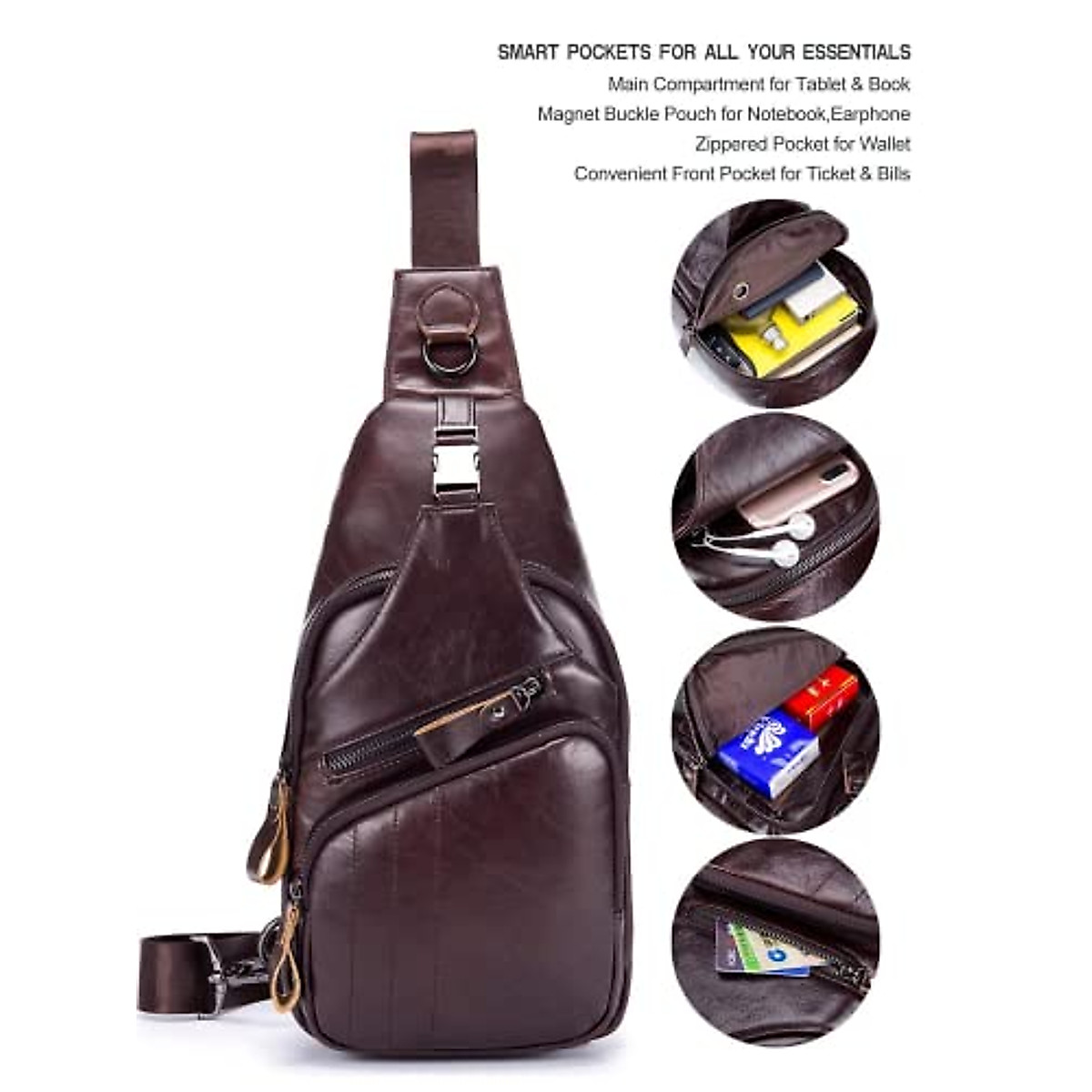 Leather Sling Bag Small Purse for Men Women Crossbady Bag Chest Bags Shoulder Backpack Cross Body Man Womens Water Resistant Vintage