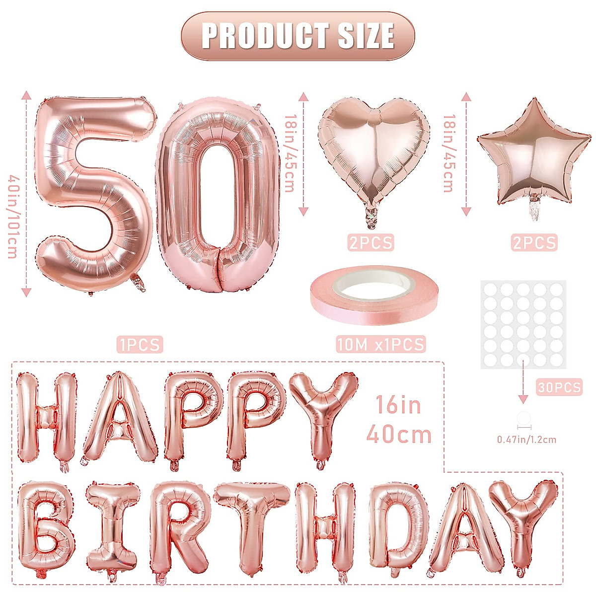 Rose Gold Happy Birthday Balloons Banner, 50th Birthday Decorations 16 Inch Mylar Foil Letters Sign Balloons Banner for Fifty Year Old Birthday Party Supplies (50th)