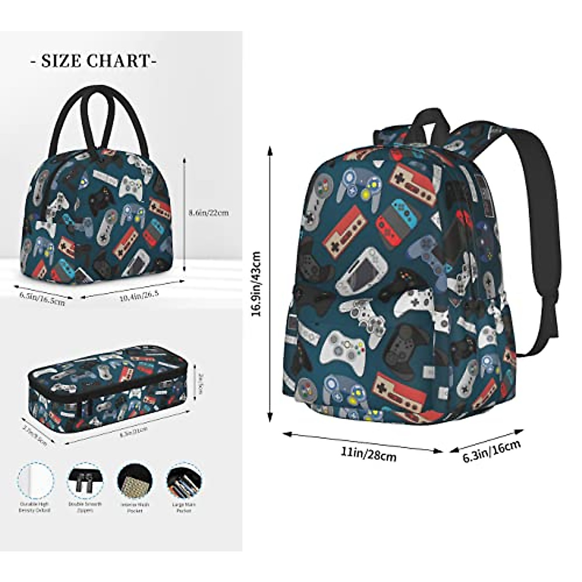 Oplp Video Game Controller Background Large Capacity Backpack Lunch Bag Pencil Case Combination 3 Piece Set