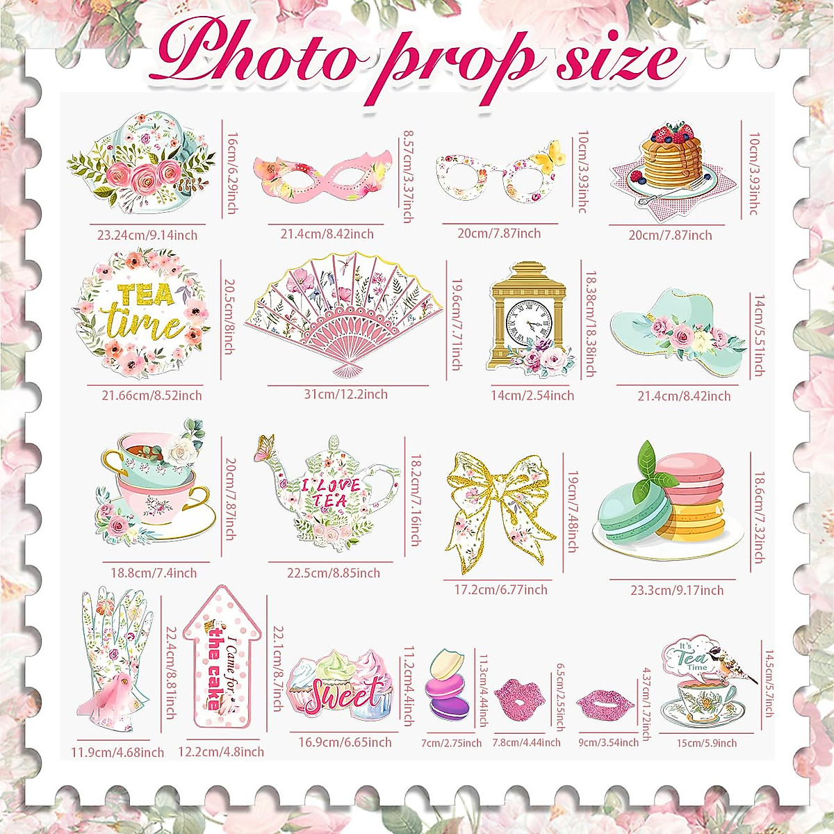 Tea Party Decorations, Floral Lets Partea Photo Booth Frame with 20 Pcs Tea Party Photo Booth Props Garden Party Decorations for Women Tea Party Theme Bridal Shower Birthday Party Supplies
