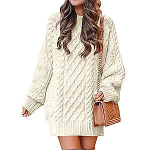 ANRABESS Women Long Sleeve Oversized Cable Knit Chunky Baggy Loose Pullover Tunic Mini Sweater Dress 2024 Trendy Fall Outfits Beige Small