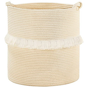 YOUDENOVA Large Woven Rope Storage Basket, Baby Nursery Hamper for Toy&Clothes, Beige Decorative Blanket Basket with Cute Knot Handles & Tassel, Boho Laundry Hamper for Living Room, 15.7 inchx16.9 inch