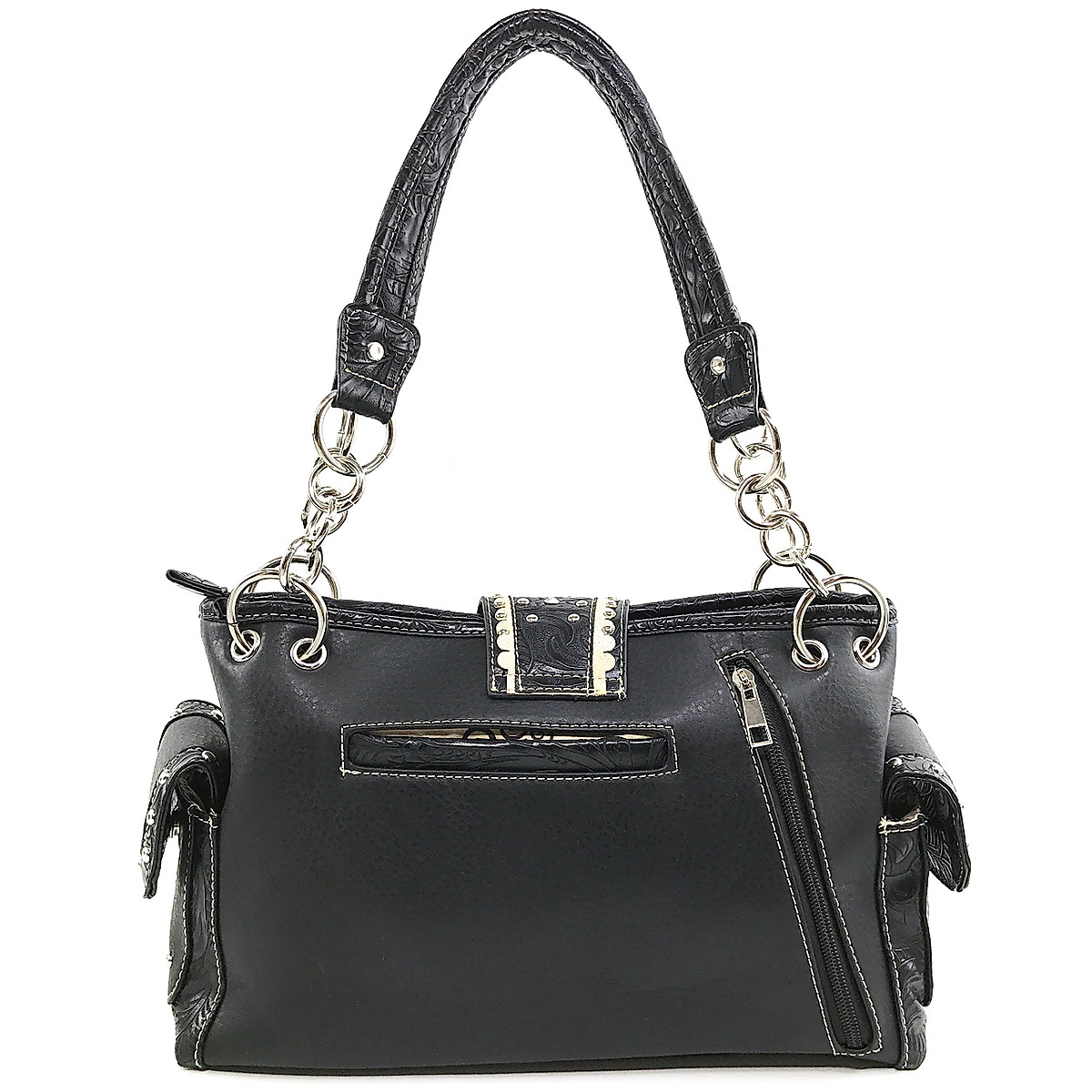 Justin West Western Purse Tooled Laser Cut Floral Design Studs Rhinestone Buckle Concealed Carry Handbag With Trifold Wristlet Cross Body Strap Wallet Set (Black White)