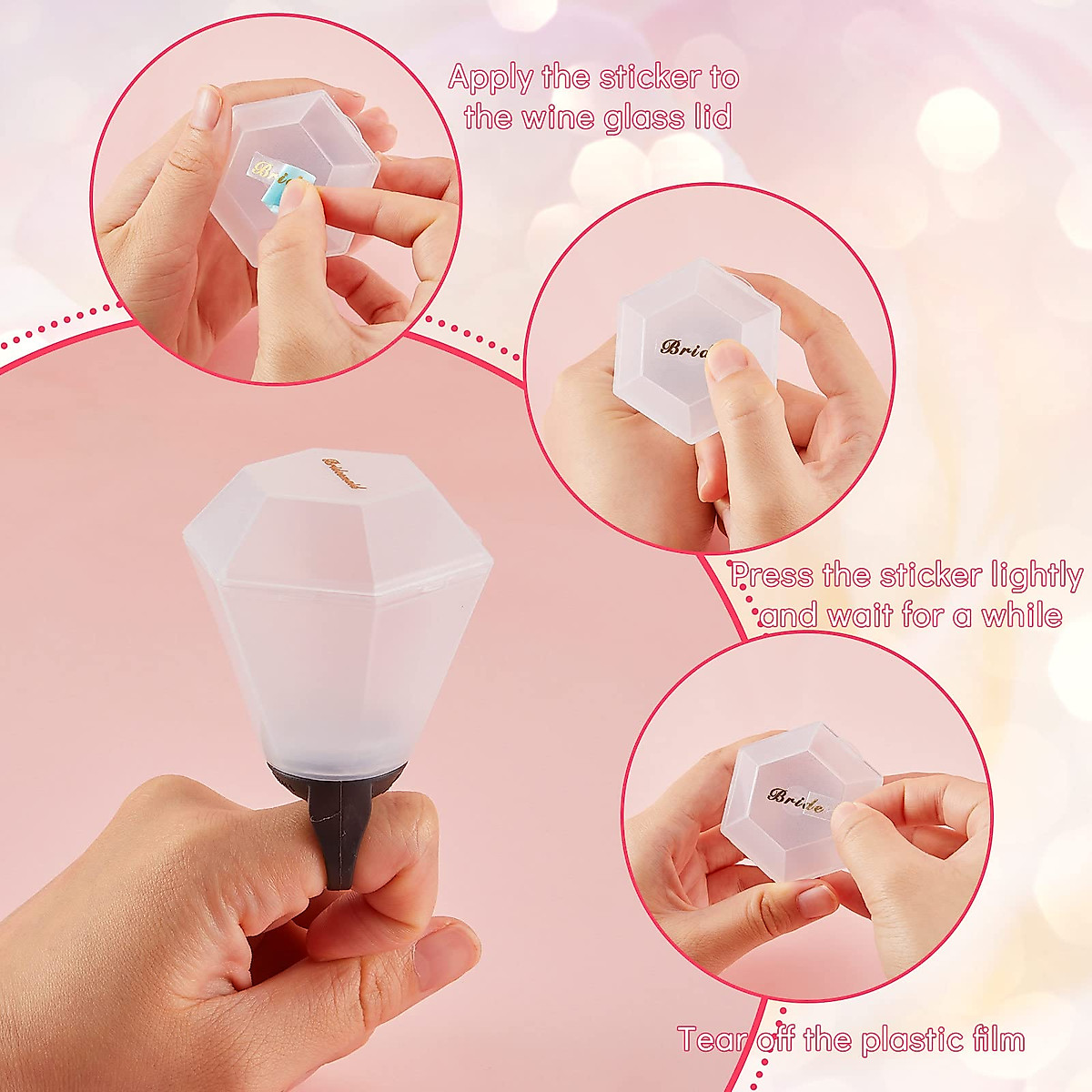 Tessco 8 Pcs Wedding Ring Shot Glass LED Light up Plastic Flash Ring Shot Glasses for Wedding Party Supplies and 8 Pcs Vinyl Gold Bride Bridesmaid Stickers