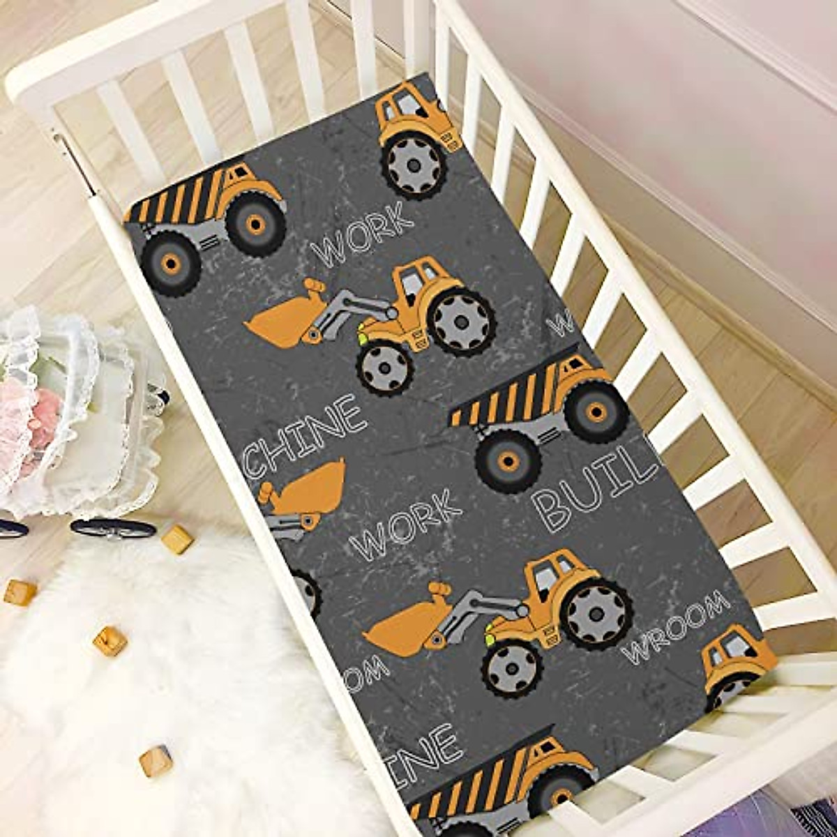 Mazeann Build Truck Car Crib Sheets Soft Breathable Fitted Baby Crib Sheets Mattress Cover for Girl Boys, 52" x 28" x 9"