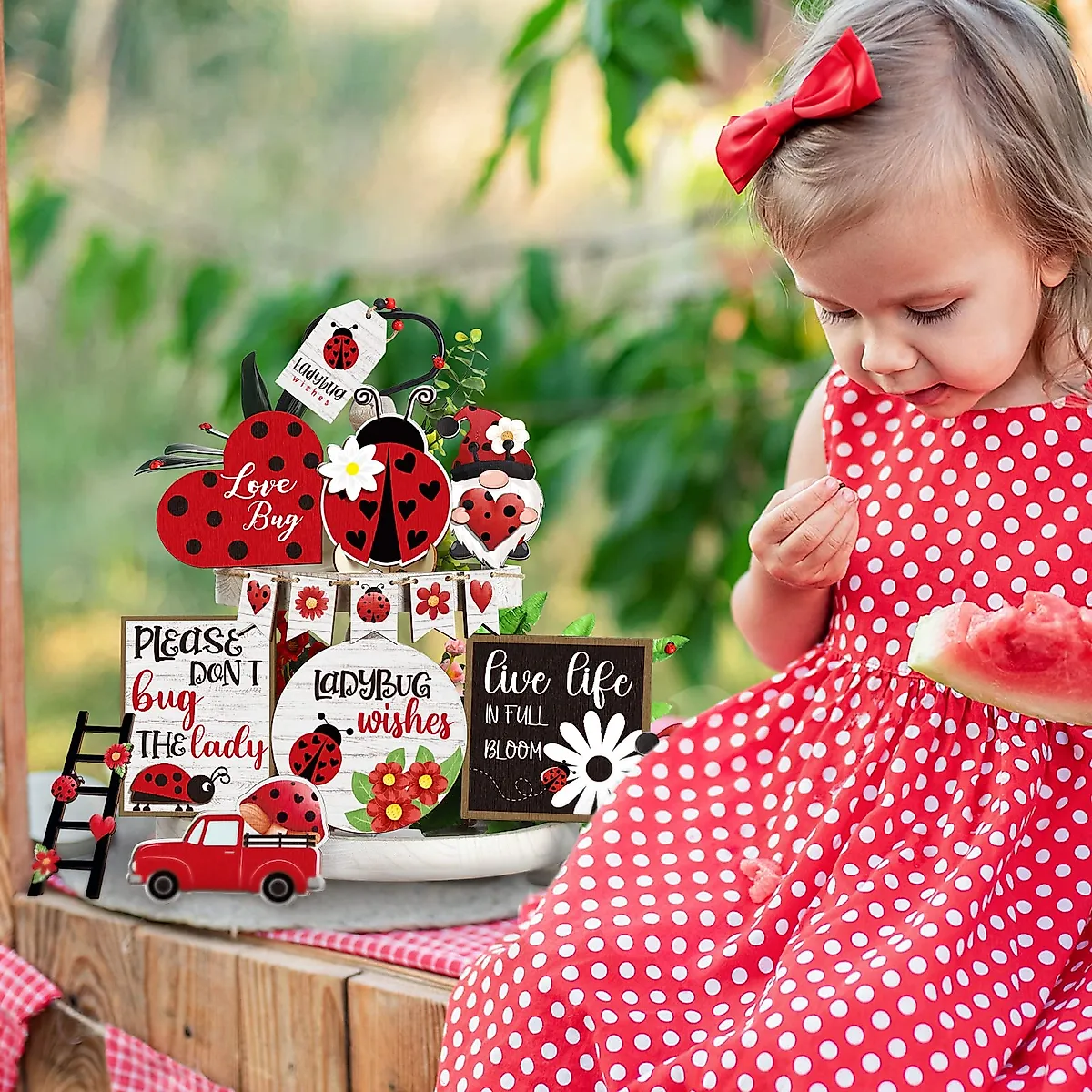Maitys 15 Pieces Ladybug Tiered Tray Decor Set Spring Summer Wooden Blocks Sign Rustic Farmhouse Decor Ladybird Tiered Tray Decorative Trays Signs for Home Kitchen Shelf Table Decorations