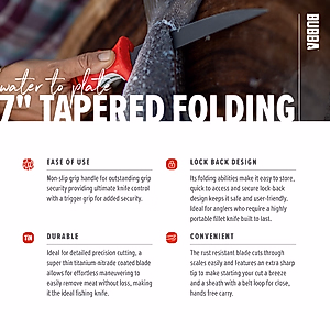 BUBBA 7" Tapered Flex Folding Knife with Non-Slip Grip Handle, Offset Full Tang Stainless Steel Blade, Lanyard Hole and Synthetic Sheath for Fishing