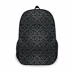 jarenap Vintage Oriental Print,Travel Backpack for Men Women,Black Damask and Floral Elements,Water Resistant College School Bookbag,Black Grey,M(17in)