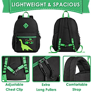 Kasqo Kids Backpack, 14" Toddler Backpack for Little Boys and Girls Kindergarten Preschool Bookbag With Chest Strap, Black Dinosaur