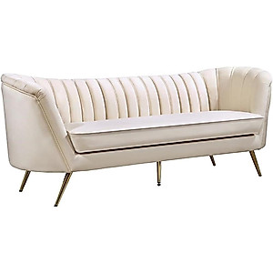 Meridian Furniture Margo Collection Modern | Contemporary Velvet Upholstered Sofa with Deep Channel Tufting and Rich Gold Stainless Steel Legs, Cream, 88" W x 30" D x 33" H