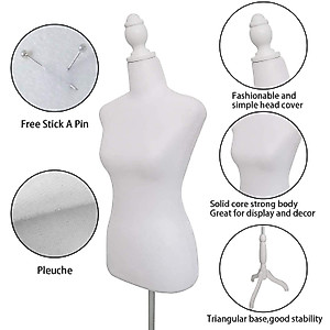 Female Dress Form Mannequin Torso Body with Adjustable Tripod Stand Dress Jewelry Display (White)