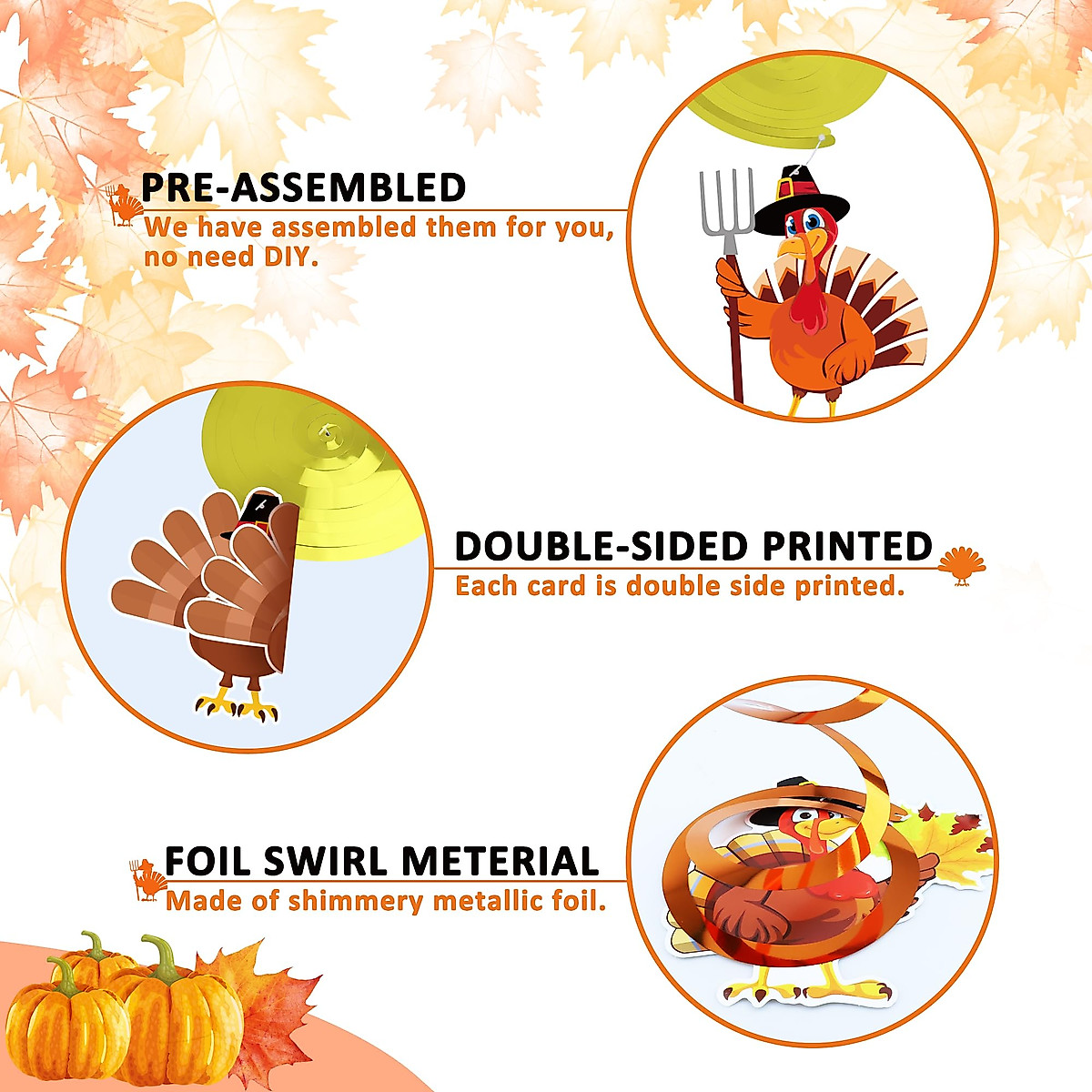 36 PCS Thanksgiving Decorations Hanging Swirls, Thanksgiving Turkey Hanging Decorations Party Decoration Swirls - NO DIY Thanksgiving Classroom Party Supplies Decorations
