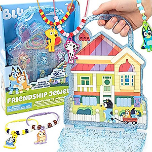 Horizon Group USA Bluey Friendship Jewelry, Create 4 Bluey Charm Bracelets & 2 Bluey Charm Necklaces, Includes 150 Beads & 6 Rubber Charms with Bluey Storage Case, Gifts for Kids Boys Girls
