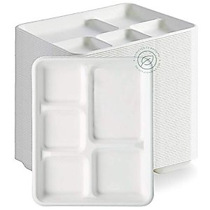 100% Compostable, 5 Compartment, Disposable Paper Plates [125-Pack] - {PFAS Free} - {BPA Certified} - [10 Inch] Heavy Duty Biodegradable Bagasse Sectional Lunch Trays + Dividers - Divided Platter Tray