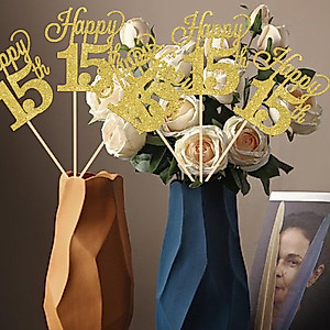 12 Pack Happy 15th Birthday Centerpiece Sticks Glitter Fifteen Cheers to 15 Years Old Table Centerpiece Sticks for 15 Fabulous Birthday Theme Party Supplies Gold