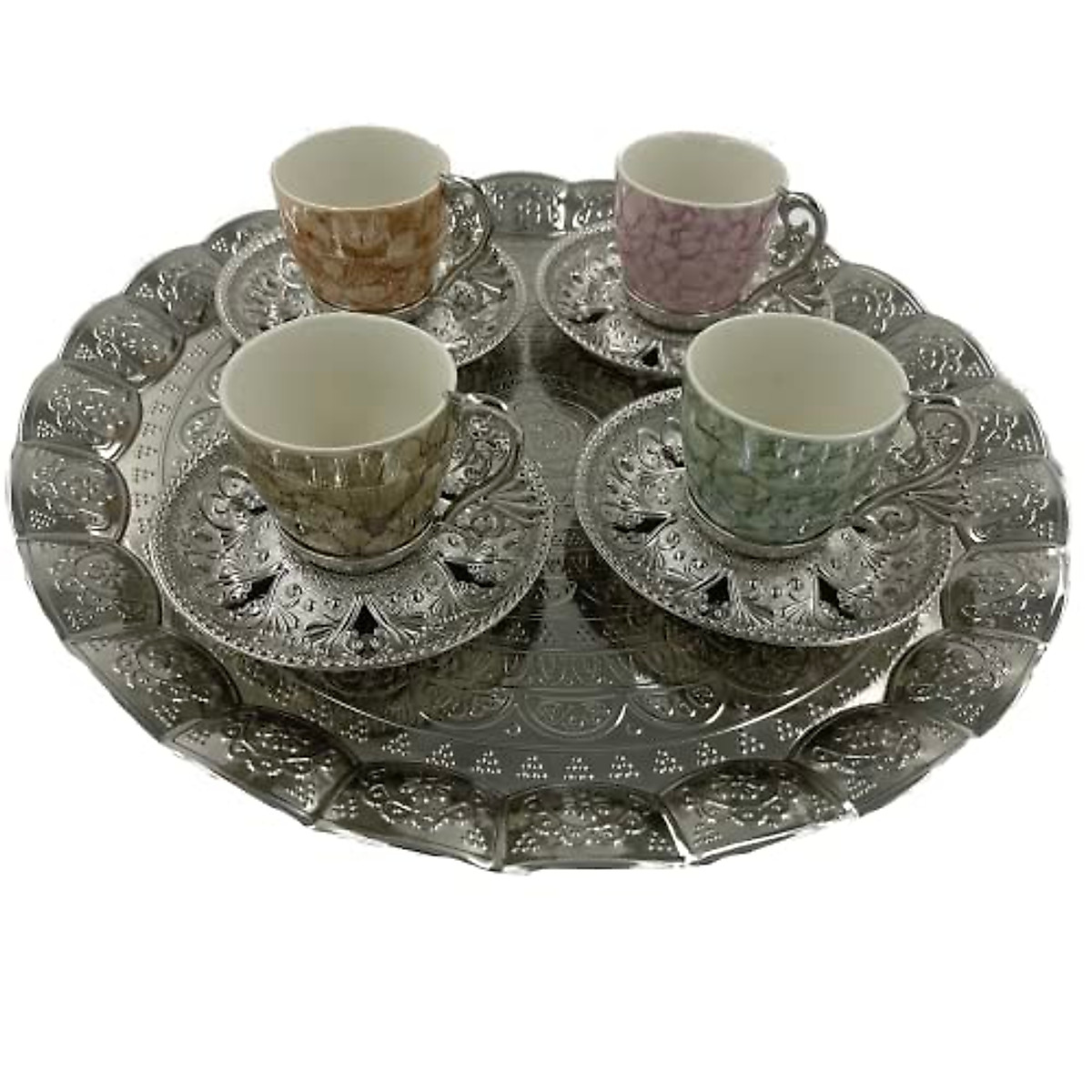 Serving Tray, Coffee Tea Serving Metal Wavy Round Tray 14''(Inches) | Mr Zoni (Silver)