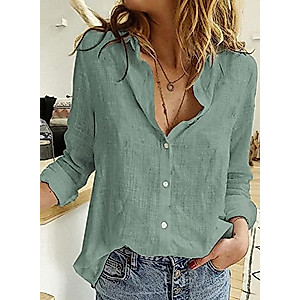Astylish Ladies Long Sleeve V Neck Blouses Linen Button Down Polo Shirts Work Clothes for Women Office Light Green Medium