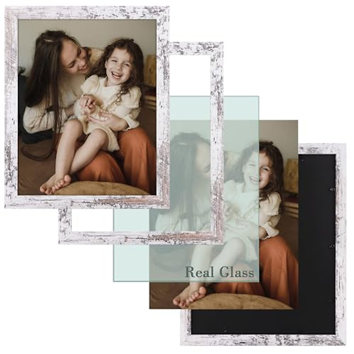 Frametory, 16x20 Poster Frame White Distressed Grain Style Frames for 16 by 20 Picture or Photo- Wide Moulding Design with Real Glass - Wall Display Hanging(2 Pack)