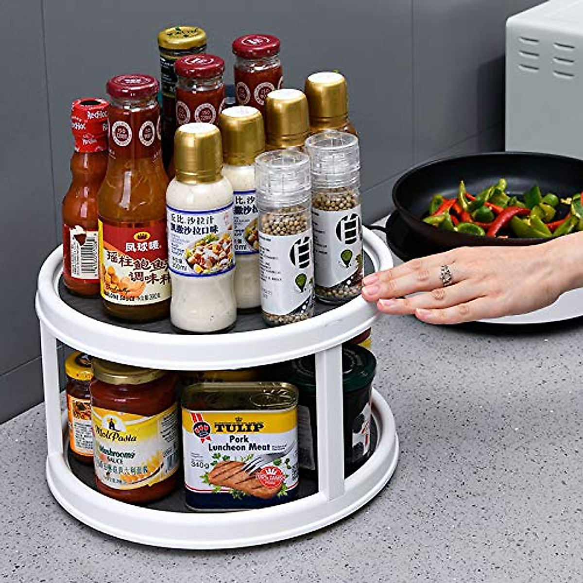 RomanticDesign Lazy Susan Turntable Spice Organizer 2-Tier Non-Skid 11.8 Inch Spice Rack Cabinet Organizer for Cabinets and Pantry, Blue