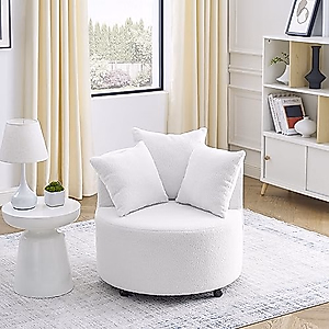 KEVINSPACE 30'' Small Swivel Barrel Chair, Comfy Round Club Chairs for Living Room Bedroom, Swivel Single Sofa with 4 Universal Caster Wheels Lounge Accent Chair Boucle Armchair White
