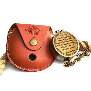 Be Strong and Courageous (Joshua 1:9) Brass Compass with wooden Box-Engraved Scripture Prayer Compass Religious Gift for Men & Women - Baptism, Confirmation, Communion Compass for Boys Graduation Gift
