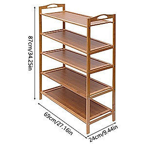 Bamboo 5-Tier Shoe Shelf, Free Standing Bamboo Shoe Rack Shoe Storage Organizer for Entryway Organizer, Hallway, Closet, Living Room, Balcony and Garage