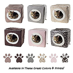 Cat Pet Bed Cave- Indoor Enclosed Covered Cavern/House for Cats Kittens and Small Pets with Removable Cushion Pad by PETMAKER, Tan/White Animal Print