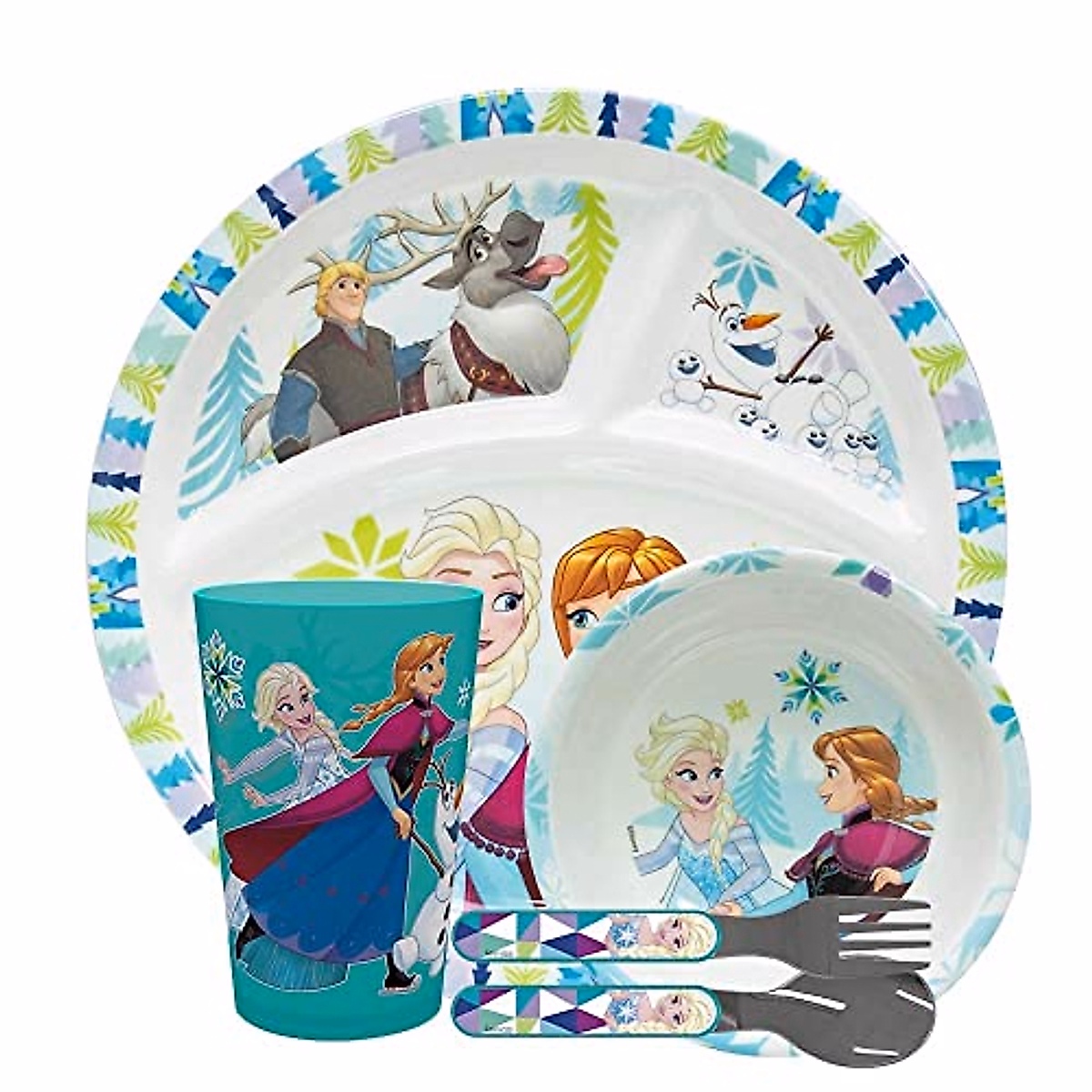Zak Designs Disney Frozen Kids Dinnerware 5 Piece Set Includes Plate, Bowl, Tumbler and Utensil Tableware, Non-BPA Made of Durable Material and Perfect for Kids