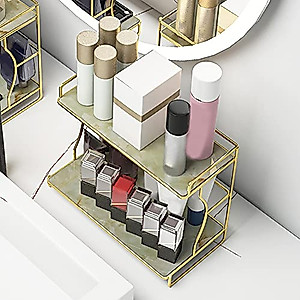 ETIGER Makeup Organizer, 2 Tier Bathroom Cosmetic Storage Shelf, Decorative Wire Vanity Organizer Basket with Marbling Glass Tray(White)