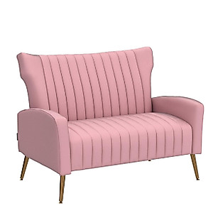 Altrobene Velvet Couch Modern Wingback Loveseat Tufted Luxury Sofa with Gold Legs for Living Room/Bedroom, Light Pink