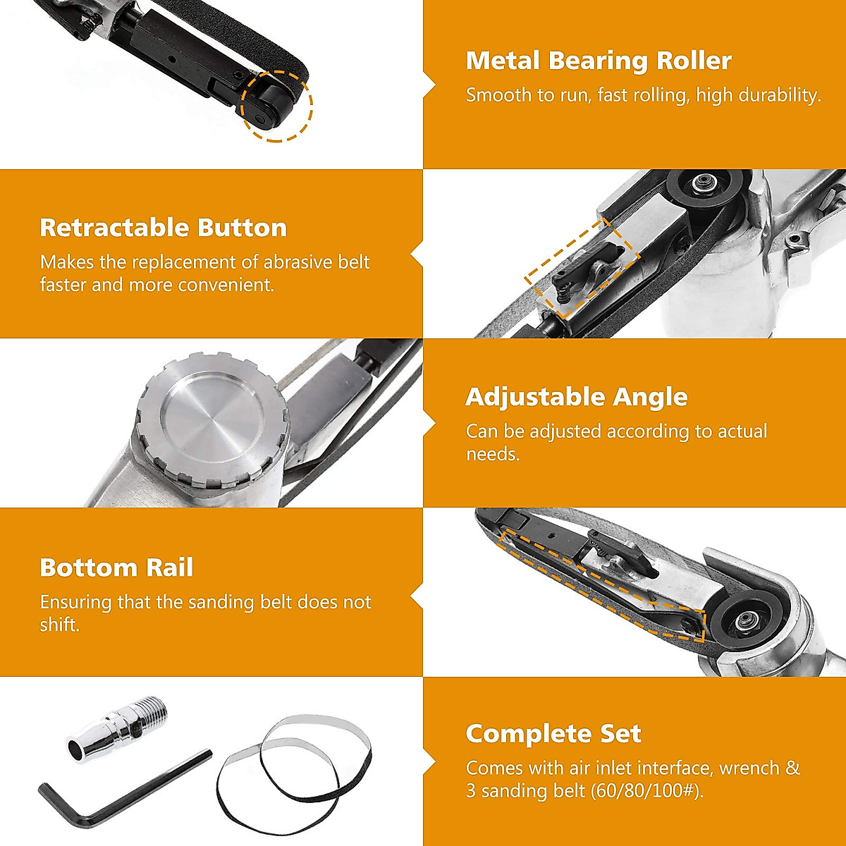 BEAMNOVA Mini Air Belt Sander for Woodworking Metal Working 3/8 Inch Handheld Angle Grinder Industrial Pneumatic Tool with 3 Belts 60/80/100 Grit