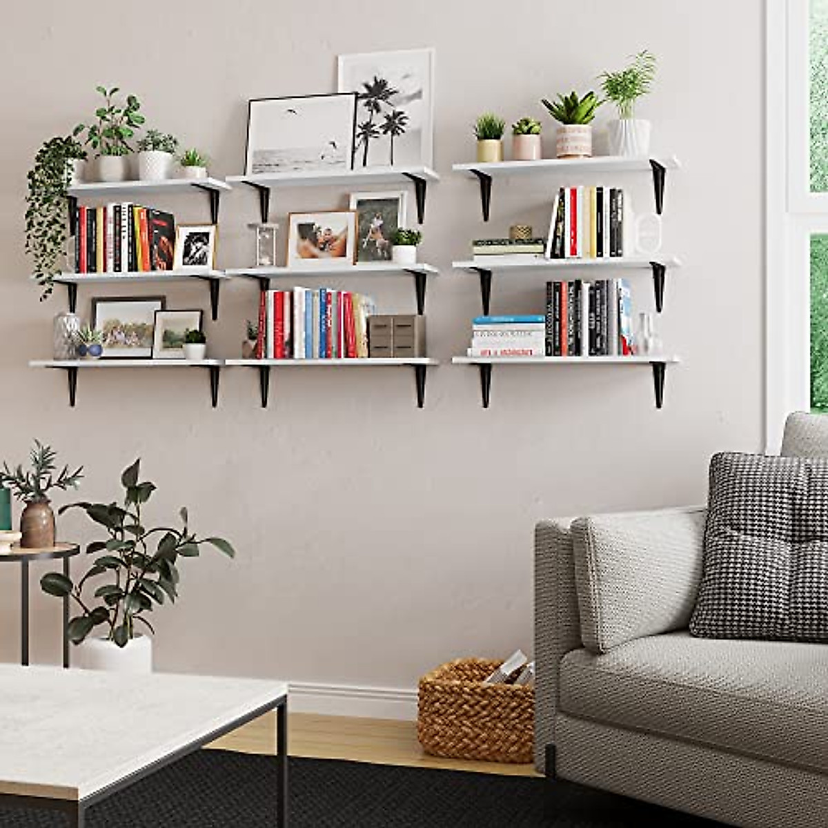 Wallniture Arras Floating Shelves for Living Room Decor, 24" Wall Shelves Office & Kitchen Organization, White Long Bookshelf Set of 9