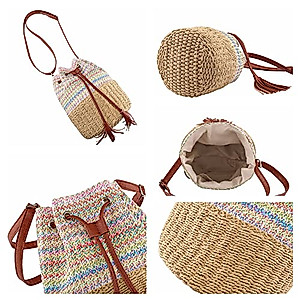 Ayliss Women Straw Crossbody Shoulder Handbag Summer Beach Bucket Handbag Woven Weave Boho Drawstring Tassel Purse Bag (Light Khaki)