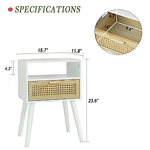MaxSmeo White Nightstand with Drawer, Mid Century Modern Nightstand, Rattan Side Table, End Table with Storage for Living Room, Bedroom and Small Spaces, Easy Assembly (White)