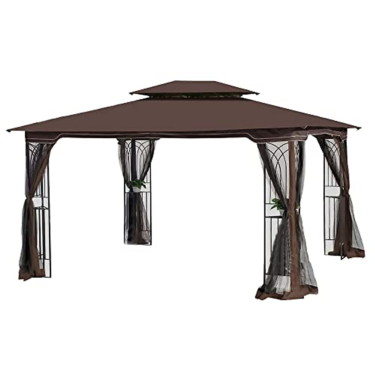 13' x 10' Gazebo for Patio with Mosquito Netting, Outdoor Canopy with Ventilated Double Roof and Corner Shelves, Pergolas for Shade and Rain with Metal Frame, Perfect for Backyard and Deck, Brown Top