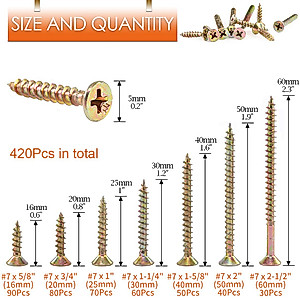Rustark 420 Pcs [#7 5/8'' to 2-1/2''] Zinc Plated Coarse Thread Phillips Drywall Screws with Bugle Head Assortment Kit for Drywall Sheetrock and Wood