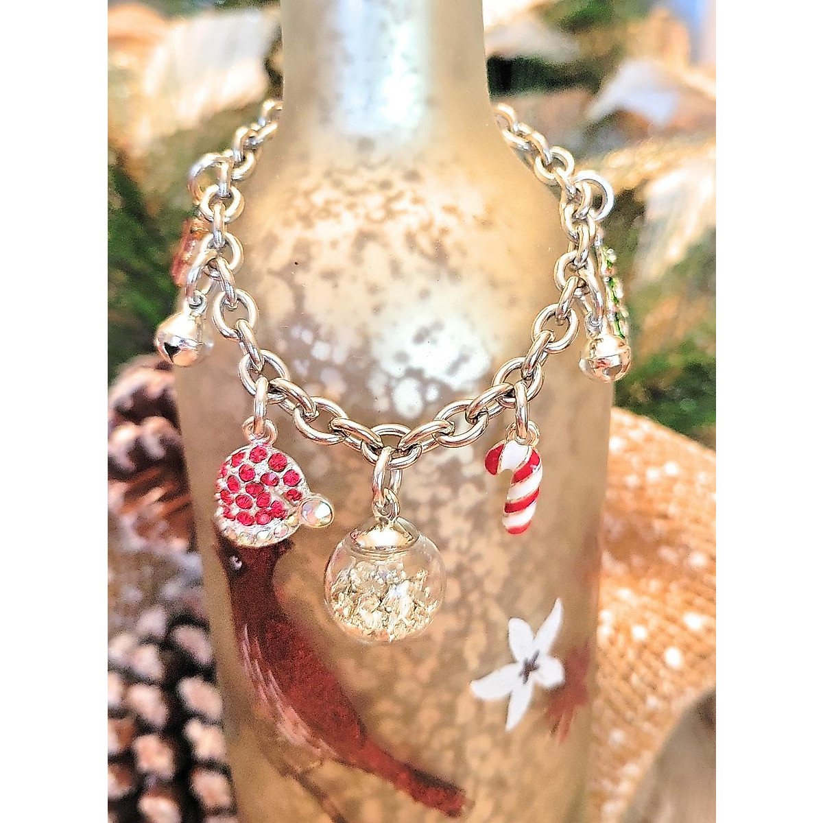 Christmas Tree Charm Bracelet with Snow Globe Present Candy Cane Santa Claus Hat Jingle Bells
