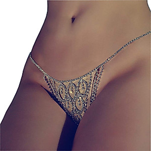 Women Sexy Rhinstone Underwear Thong Panties Tassel Leaf Pendant Crystal Body Chain Jewelry Bikini Crystal Belly Waist Chain (Silver)