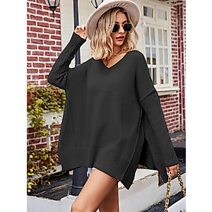 hathne Oversized V Neck Sweater for Women Casual Long Sleeve Side Split Hem Pullover Top 2024 Knit Tunic Jumper(M,Black)