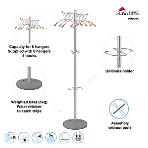 Alba PMWAVE Wavy Coat Tree, Six Hangers/Two Knobs/Four Hooks, Silver Steel/Wood