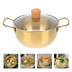 YARDWE 1 Set Ramen Pot Double Handle Milk Pot Instant Cooker Butter Melting Pot Hot Pot Korean Ramen Soup Pot with Lid Noodle Cooking Pot Stainless Steel Outdoor Casserole