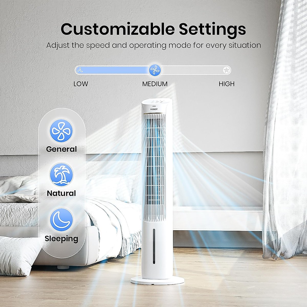 TOSOT Tower Fan Oscillating 80°, Cooling Fan with 2 Ice Packs, CFM 360m³/h, 3 Speed Quiet Fan with Remote Control, 7 Hours Timer, Humidifiers with Removable 4L Water Tank, Floor Fan for Home Bedroom