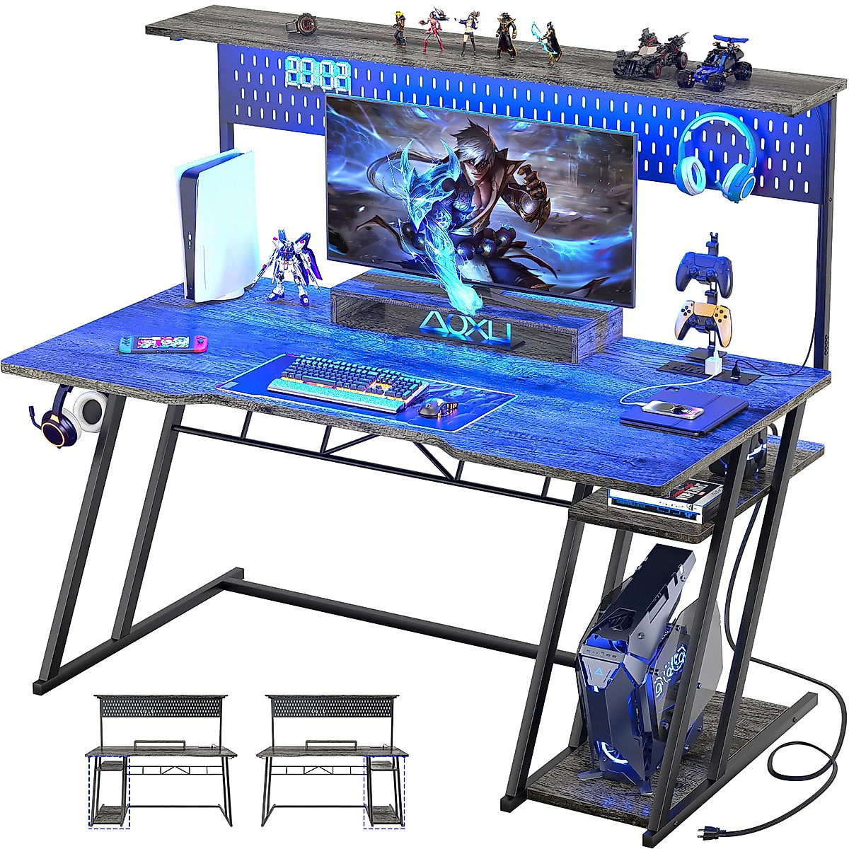 armocity 55'' Gaming Desk with Hutch and LED Lights, Gaming Computer Desk with Storage Shelves & Z-Shaped Legs, Reversible PC Gaming Desk with Pegboard, Ergonomic Desk for Bedroom, Grey Oak