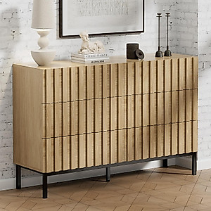 UEV Natural Wood Dresser for Bedroom,Mid Century Modern Dresser,Fluted 6 Drawer Dresser with Metal Stand,Accent Chest of Drawers for Bedroom,Living Room,Hallway