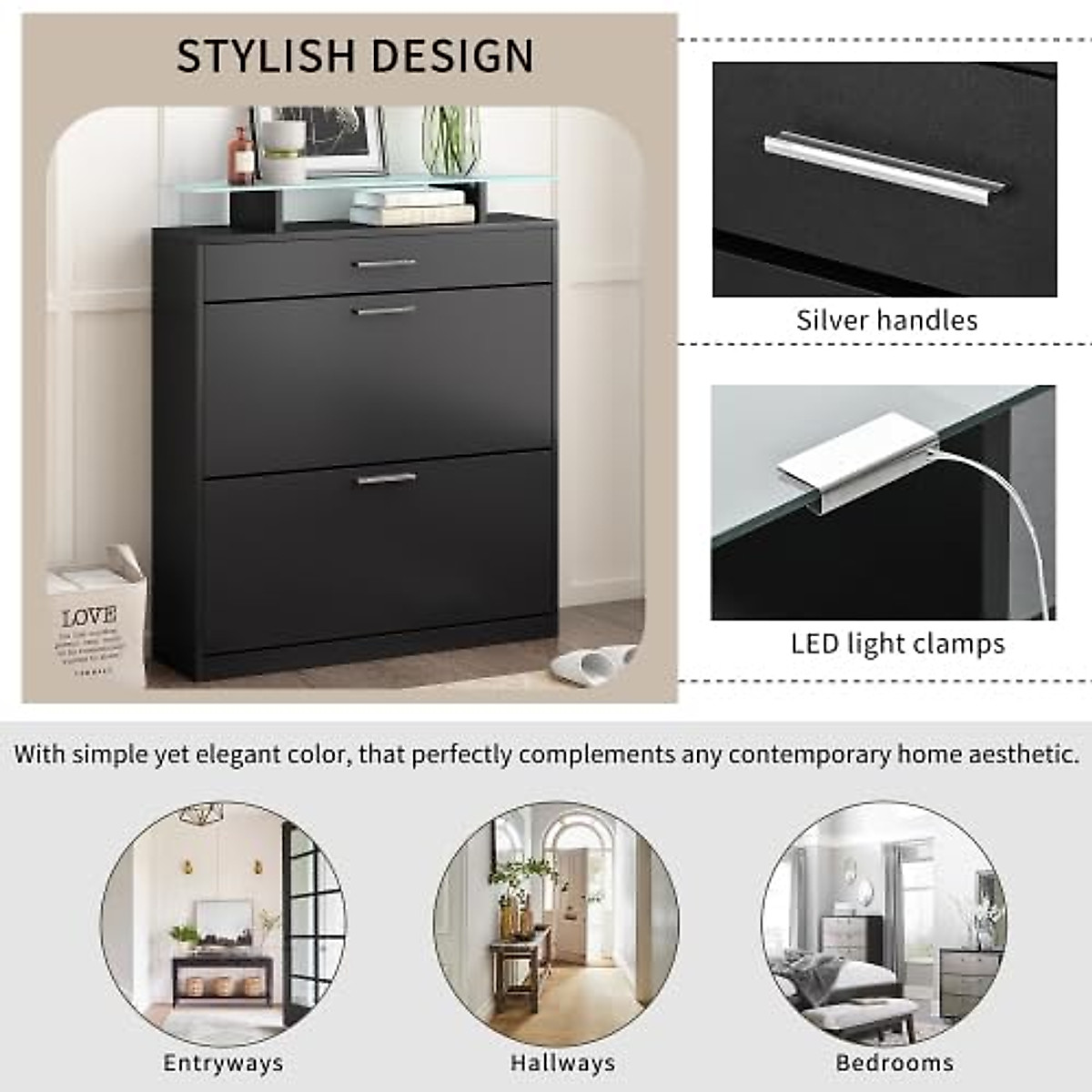 FridayParts Slim Entryway Organizer with 2 Flip, Tempered Glass Top Storage Cabinet with Drawer, Free Standing Shoe Rack with LED Light for Hallway, Black