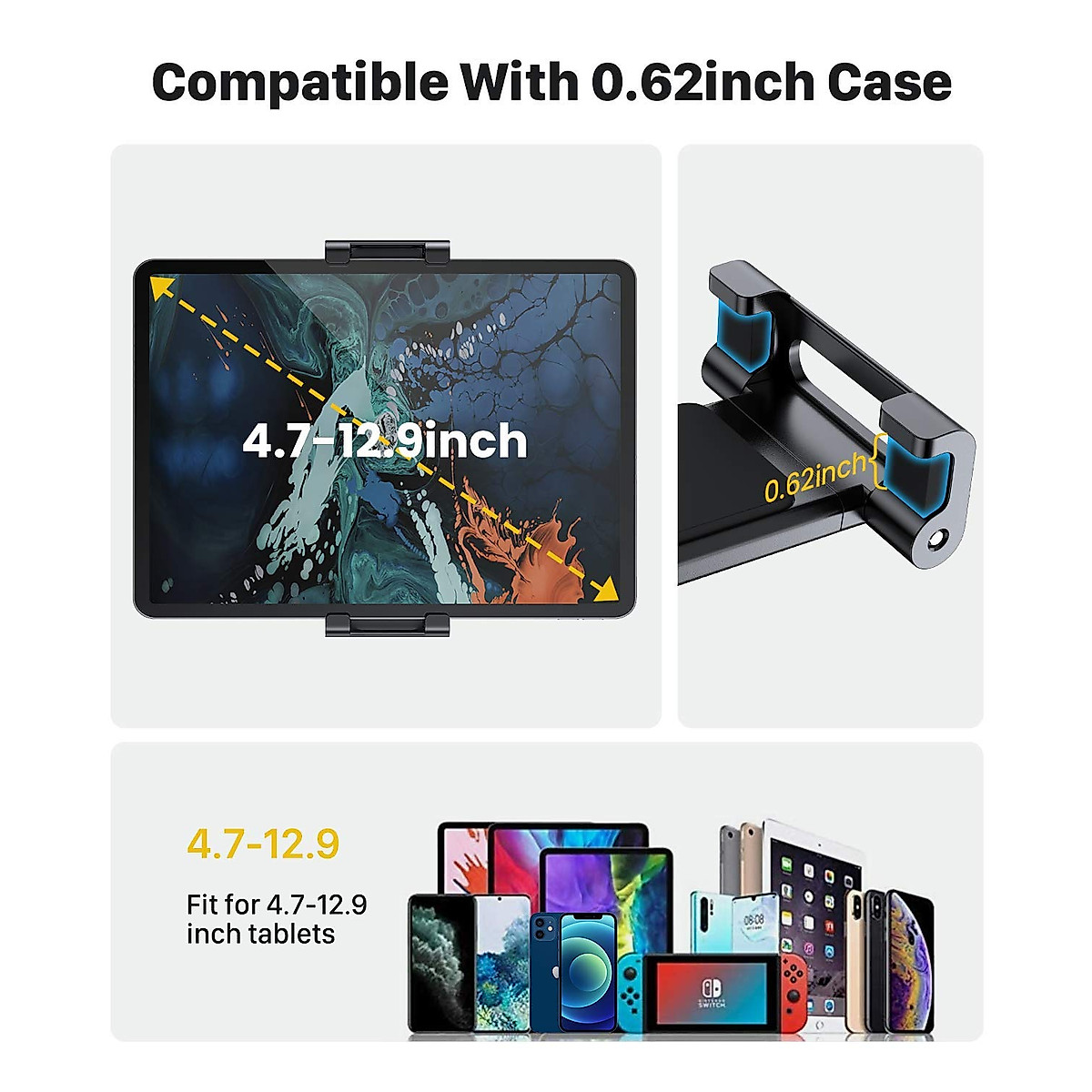 Bakel Portable Electronic Device Mount, Black, Compatible with iPhone, iPad, 6"-10" Tablets, 4.7"-8" Cell Phones, Fits Headrests 5.2in-5.7in Wide, Never Shakes, Hook 2 in 1